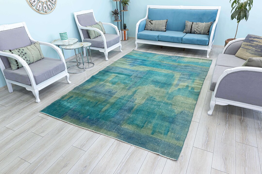Modern 6x9 Aqua Blue,green Overdyed Vintage Rug, Abstract Wool ...
