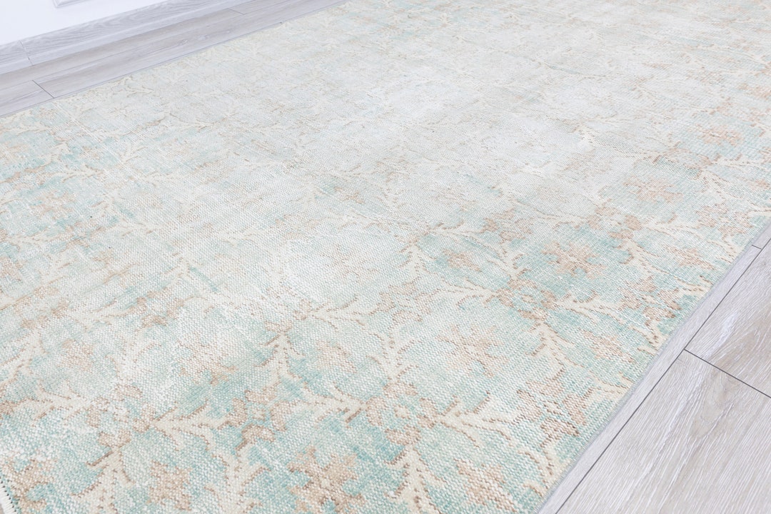 Muted Aqua Green Turkish Floral Geometric Rug,anatolia Vintage Pale ...