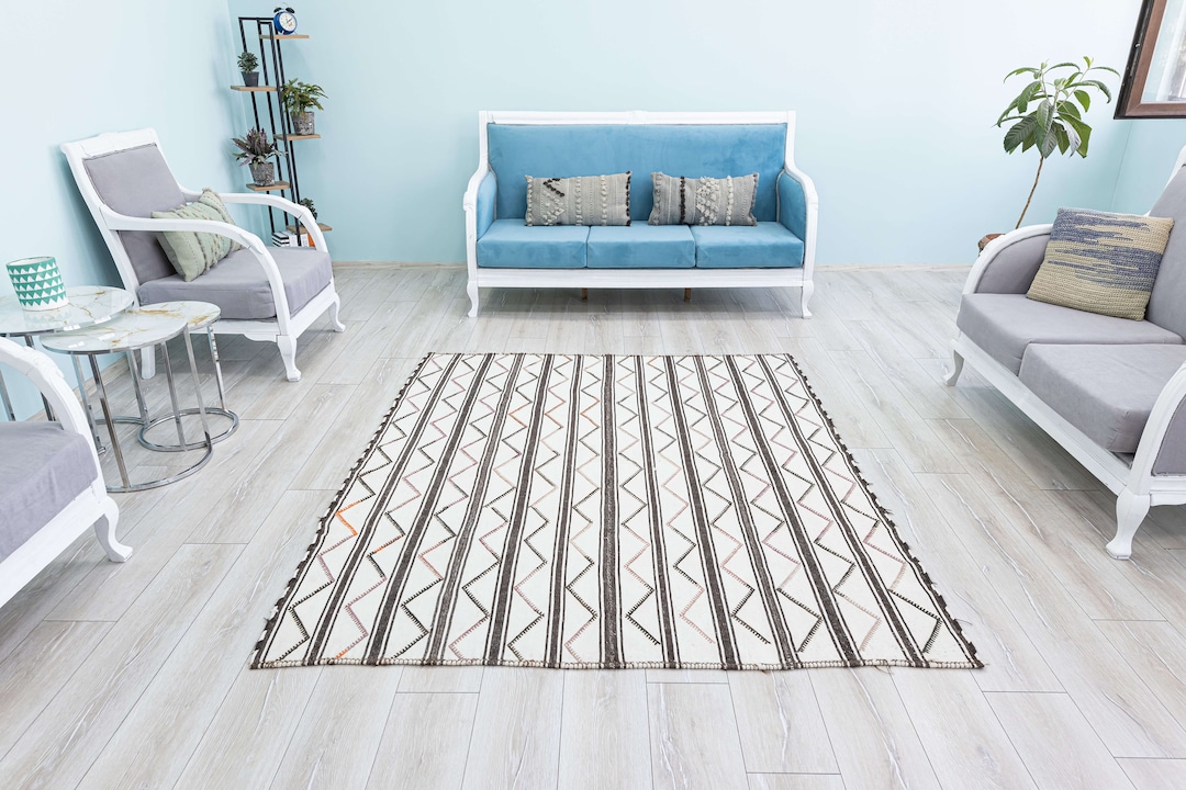 White Black Square Rug 6x7 Turkish Square Decorative Vintage Area Rug ...