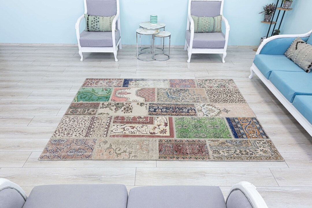 Turkish Patchwork Rug 7.5 X 5.5 Feet Vintage Pastel Natural Patchwork ...