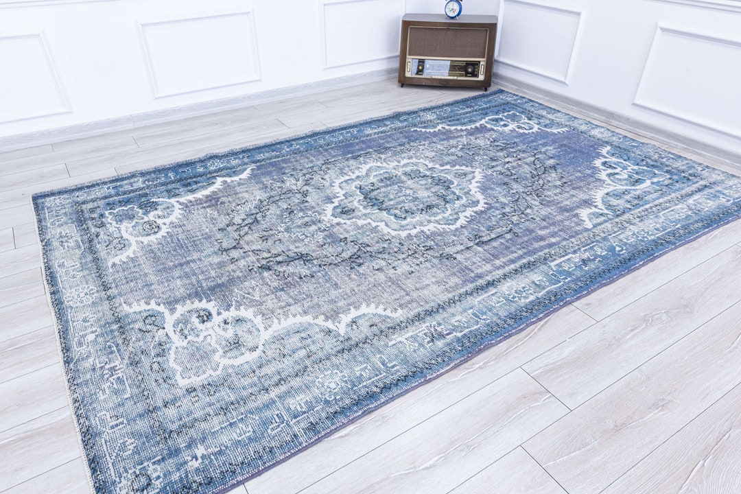 Blue Vintage Turkish Rug, Shades of Blue Turkish Luxury Oriental Oushak ...