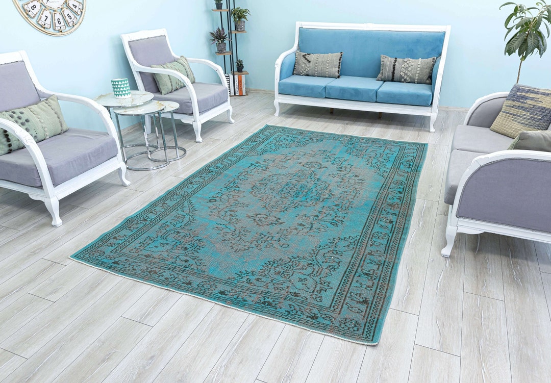 Aqua Turkish Area Rug 6x9 Vintage Overdyed Turquoise Farmhouse Decor ...