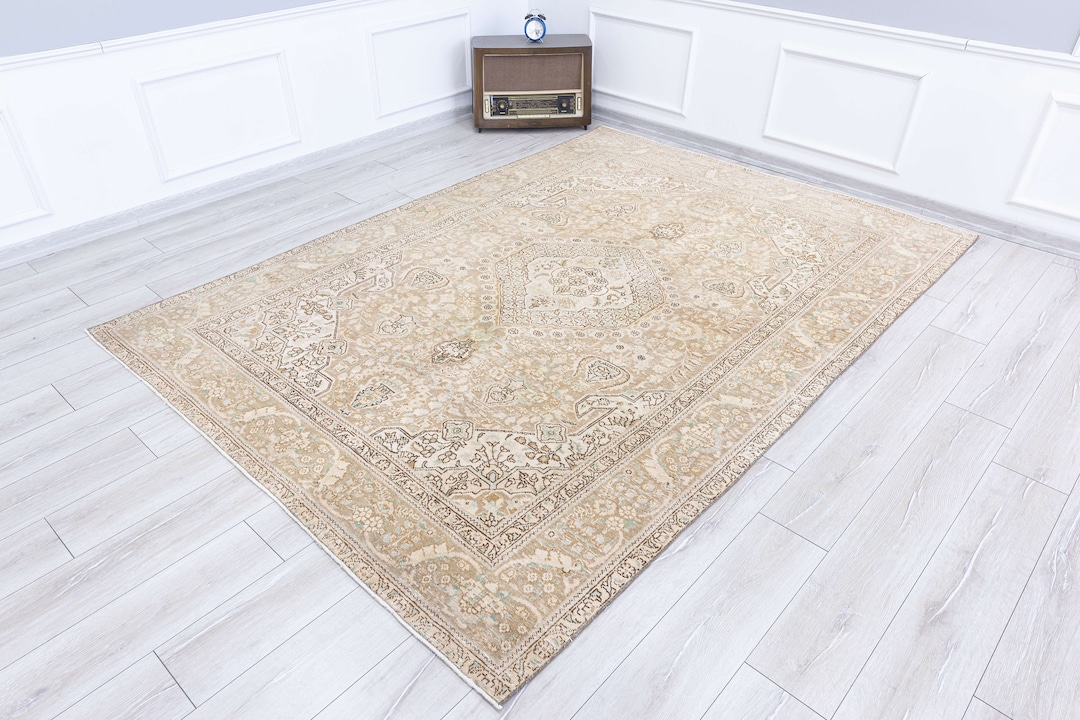 Vintage Persian Rugs 7x9 Pale Brown, White, Black, Ivory Mid-century ...