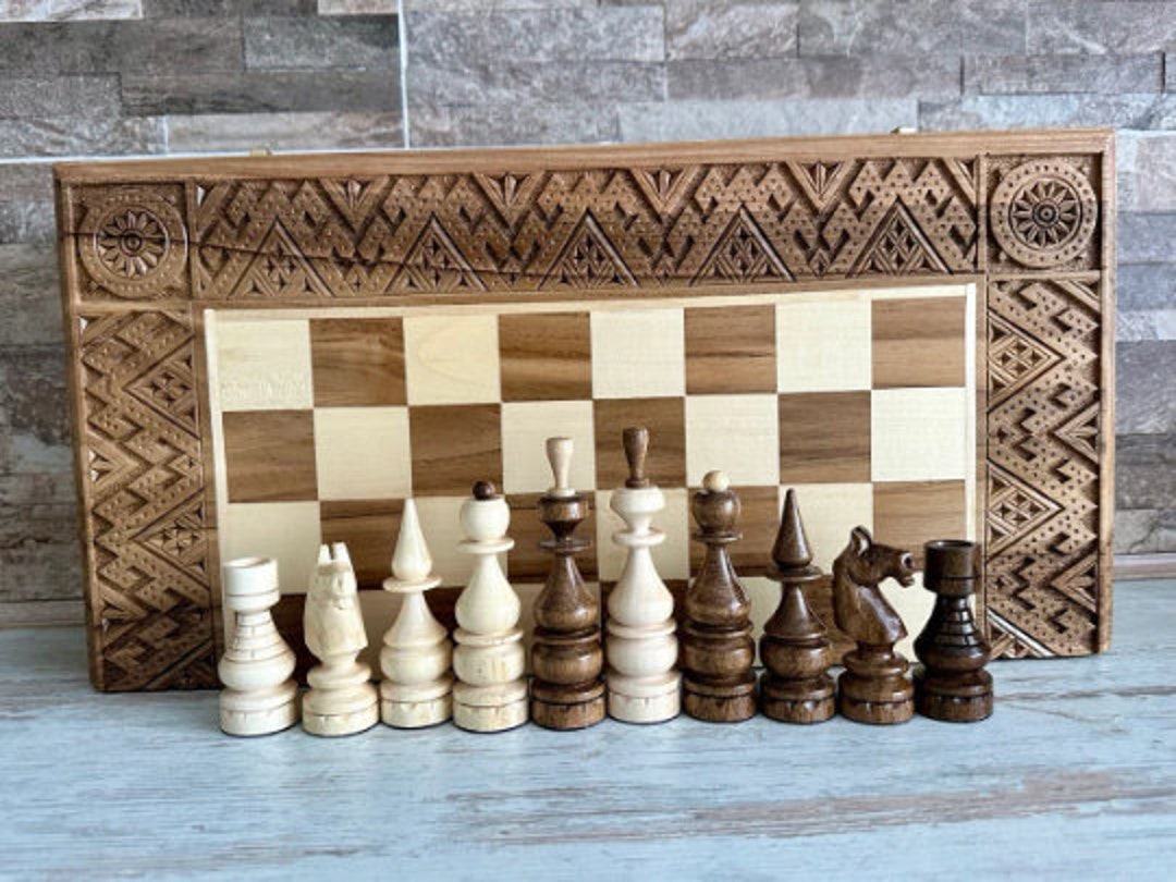 Designer Chess Set Wood, Handcarved Chess Table Board Set With Storage ...