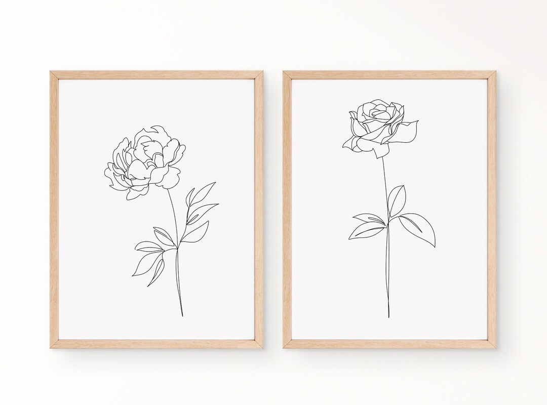 Minimal Peony and Rose Lineart Black and White Printables Set of 2 ...