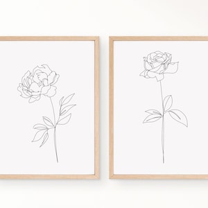 Minimal Peony and Rose Lineart Black and White Printables Set of 2 ...