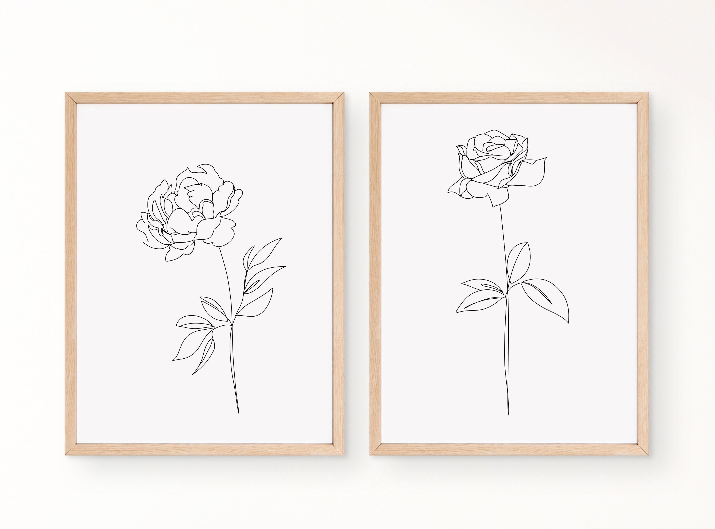 Minimal Peony and Rose Lineart Black and White Printables Set of 2 ...