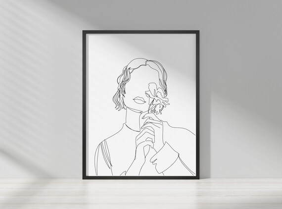 Black and White Minimal Flower Girl Line Art Wall Art - Etsy