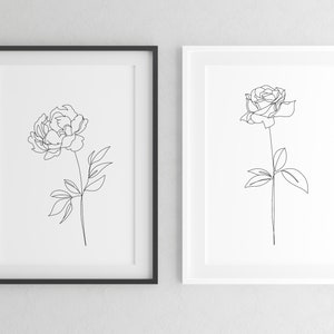 Minimal Peony and Rose Lineart Black and White Printables Set of 2 ...