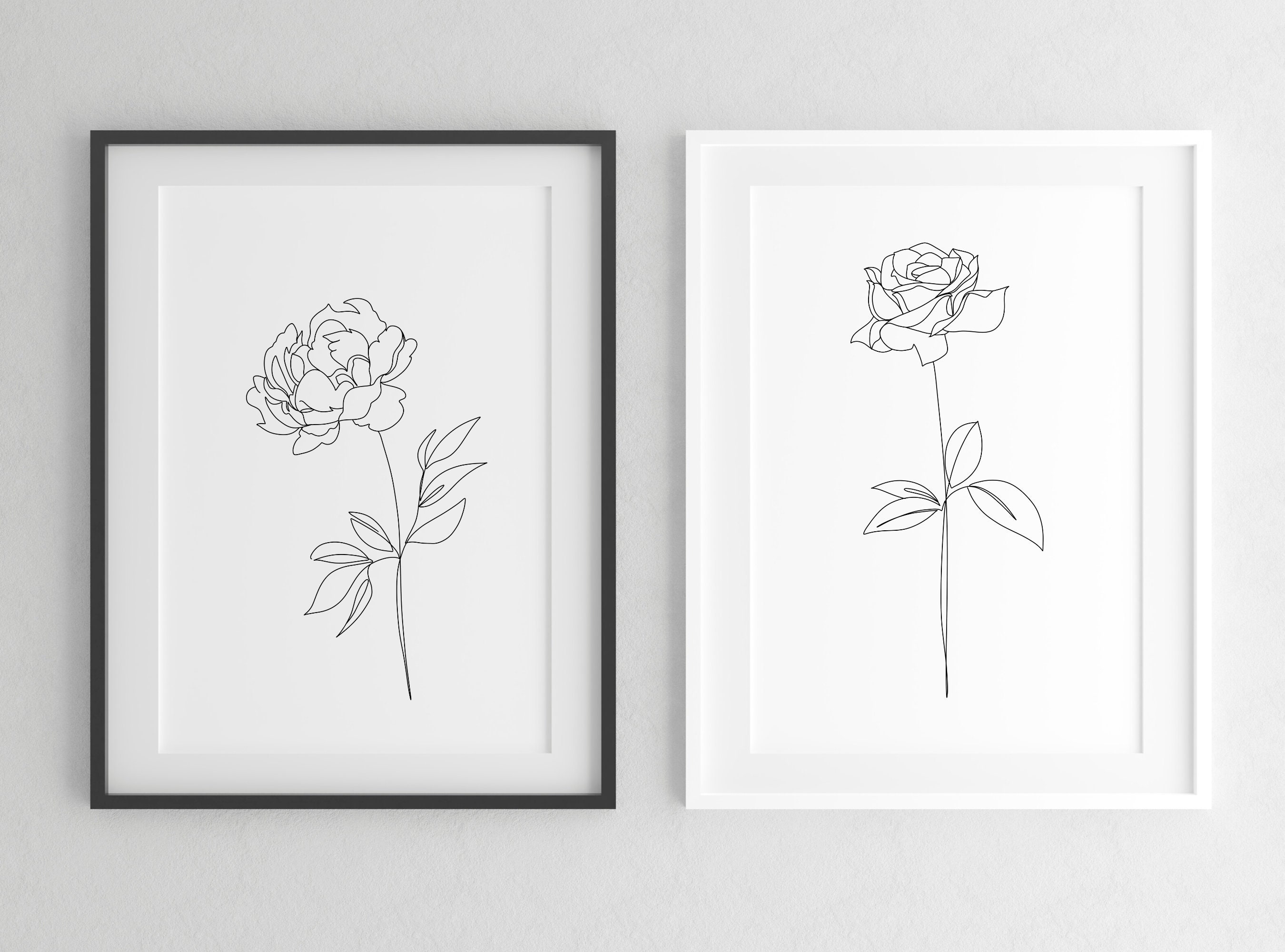 Minimal Peony and Rose Lineart Black and White Printables Set of 2 ...
