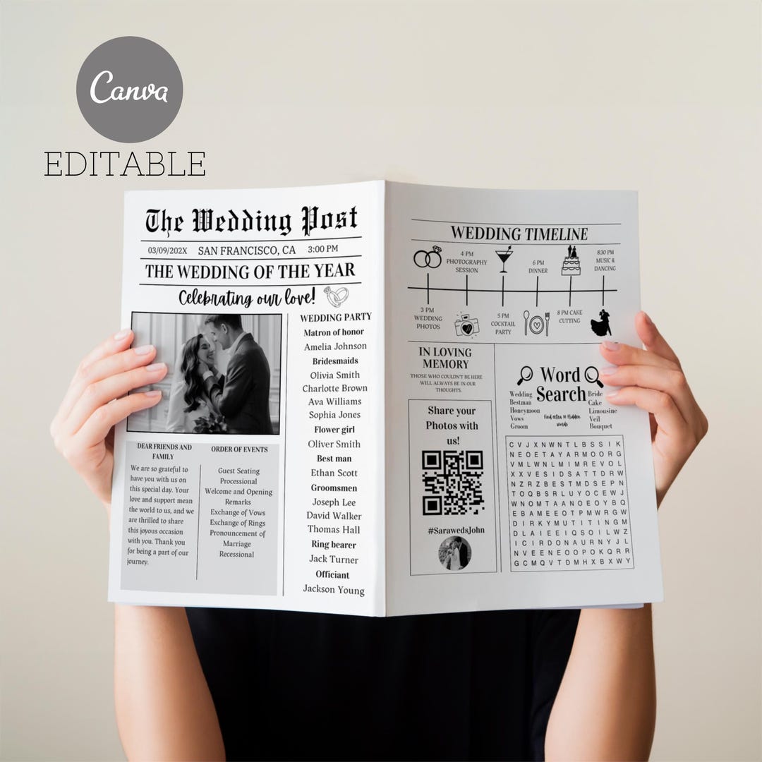 Newspaper Wedding Program Template Canva |template, Newspaper Wedding ...