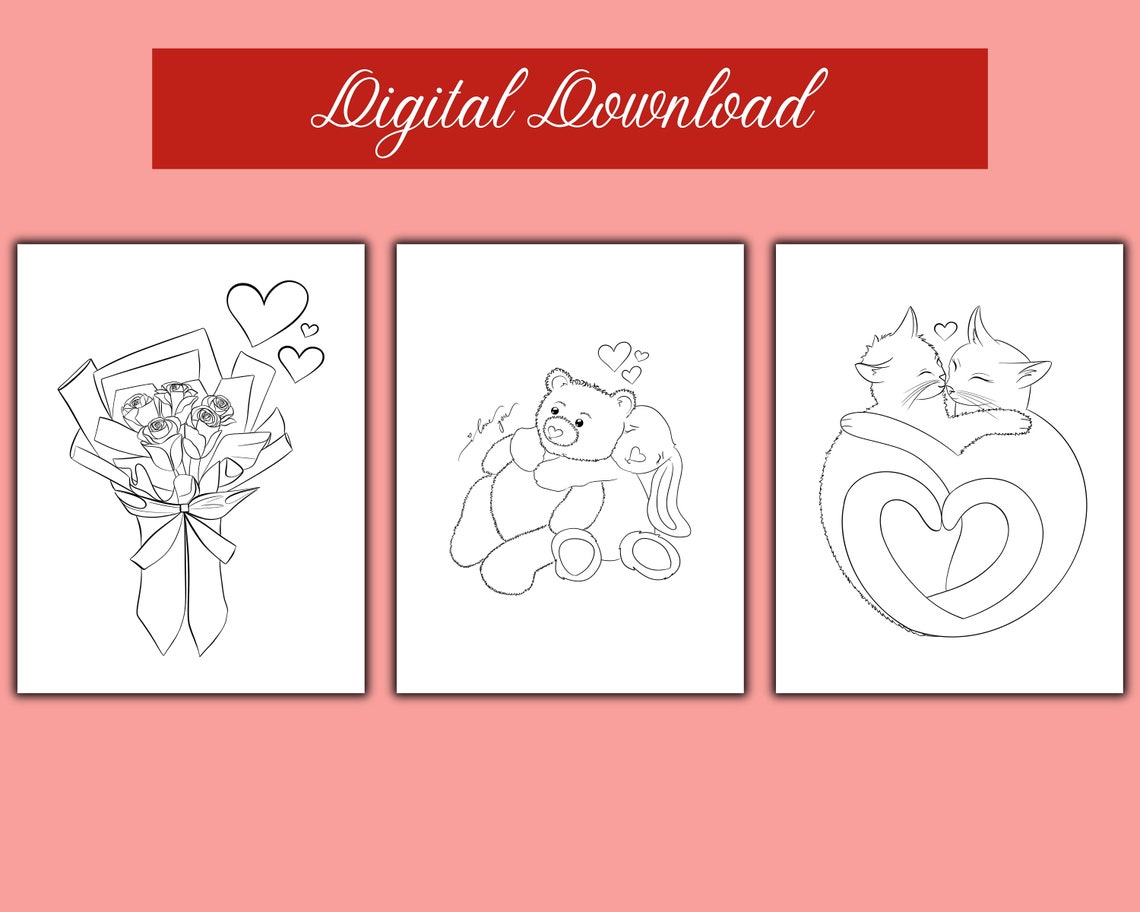 Valentines Coloring Pages Set of 6 | Cute Valentines Coloring Pages for ...