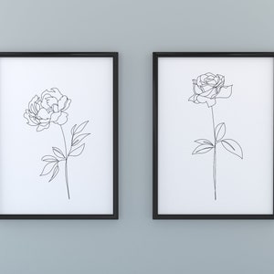Minimal Peony and Rose Lineart Black and White Printables Set of 2 ...