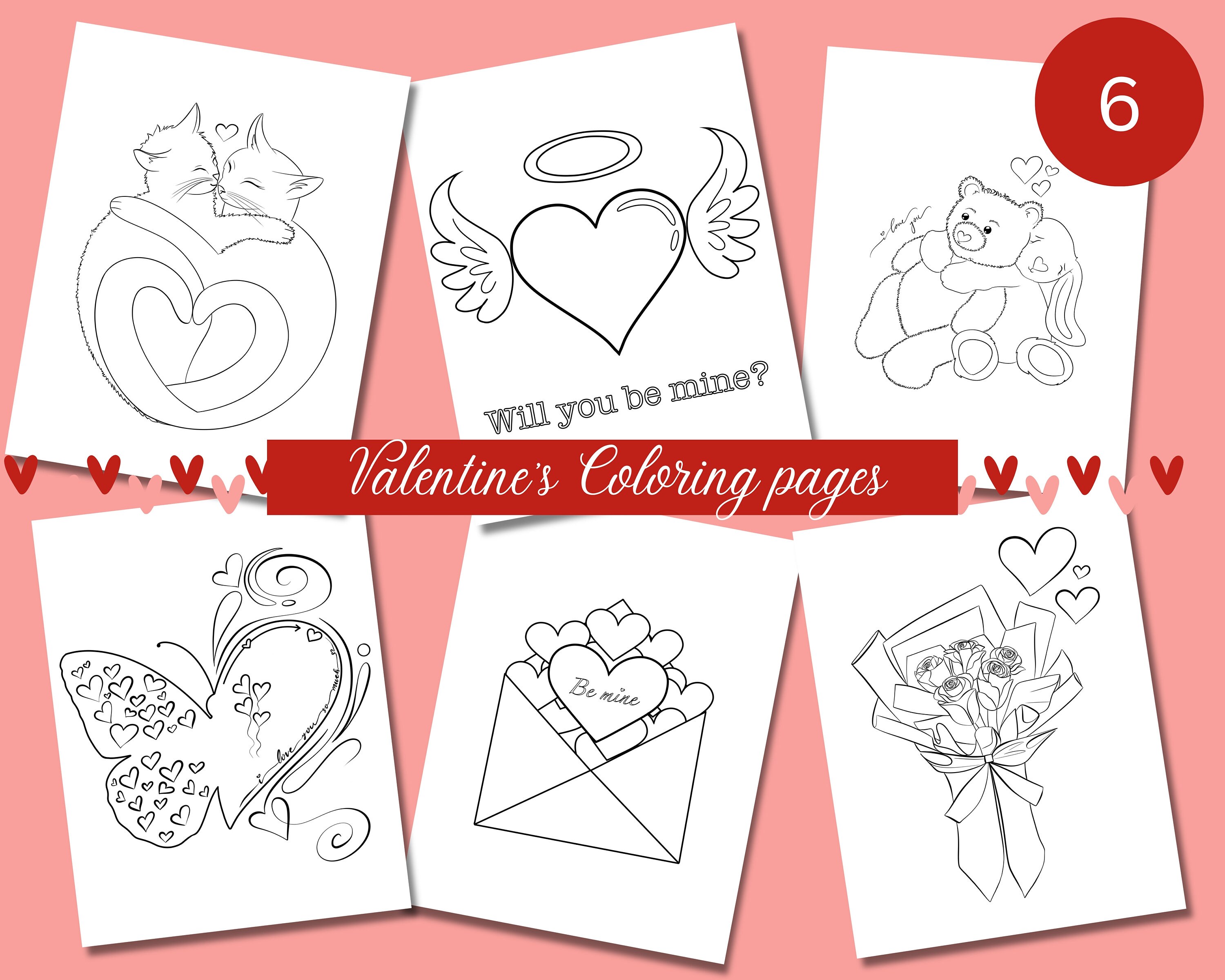 Valentines Coloring Pages Set of 6 | Cute Valentines Coloring Pages for ...