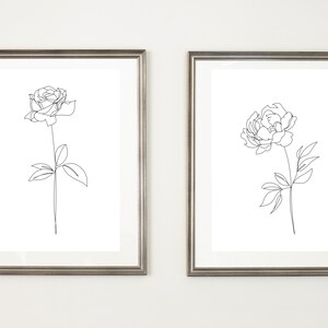 Minimal Peony and Rose Lineart Black and White Printables Set of 2 ...