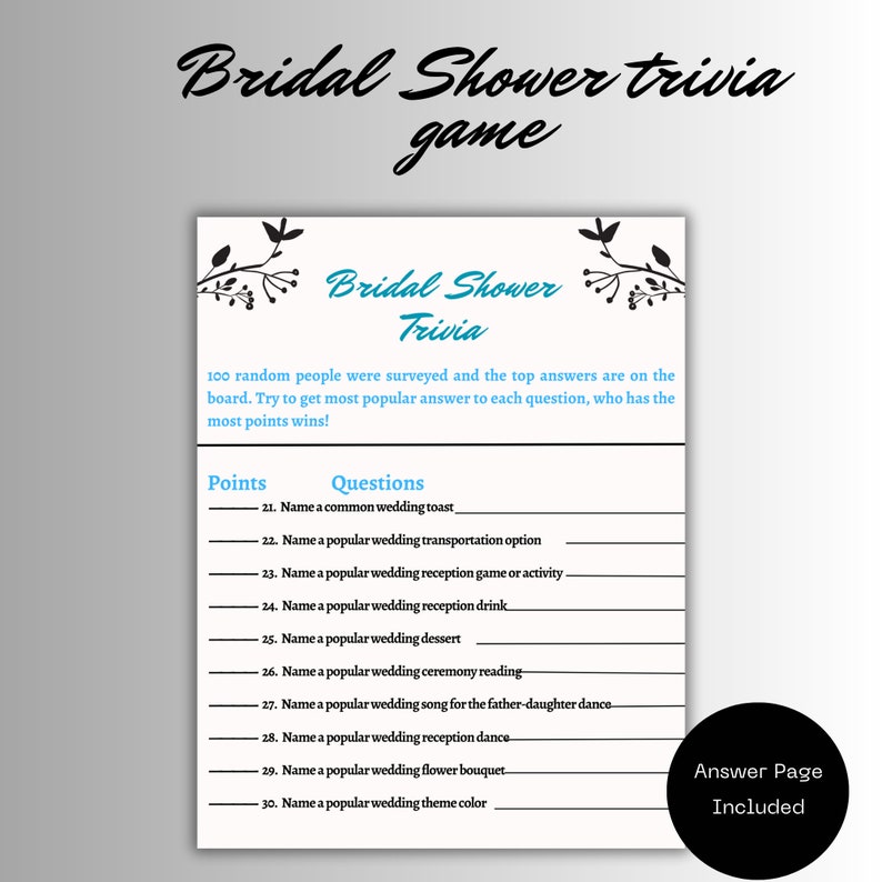Bridal Shower Trivia Game | Fun Bridal Shower Game Printable | Bridal ...
