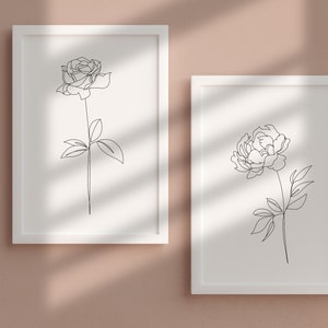 Minimal Peony and Rose Lineart Black and White Printables Set of 2 ...