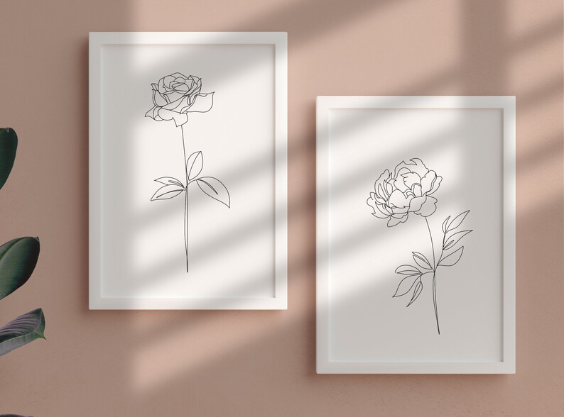 Minimal Peony and Rose Lineart Black and White Printables Set of 2 ...