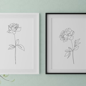 Minimal Peony and Rose Lineart Black and White Printables Set of 2 ...