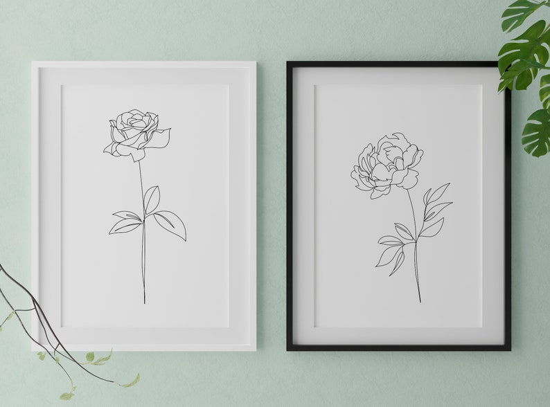 Minimal Peony and Rose Lineart Black and White Printables Set of 2 ...