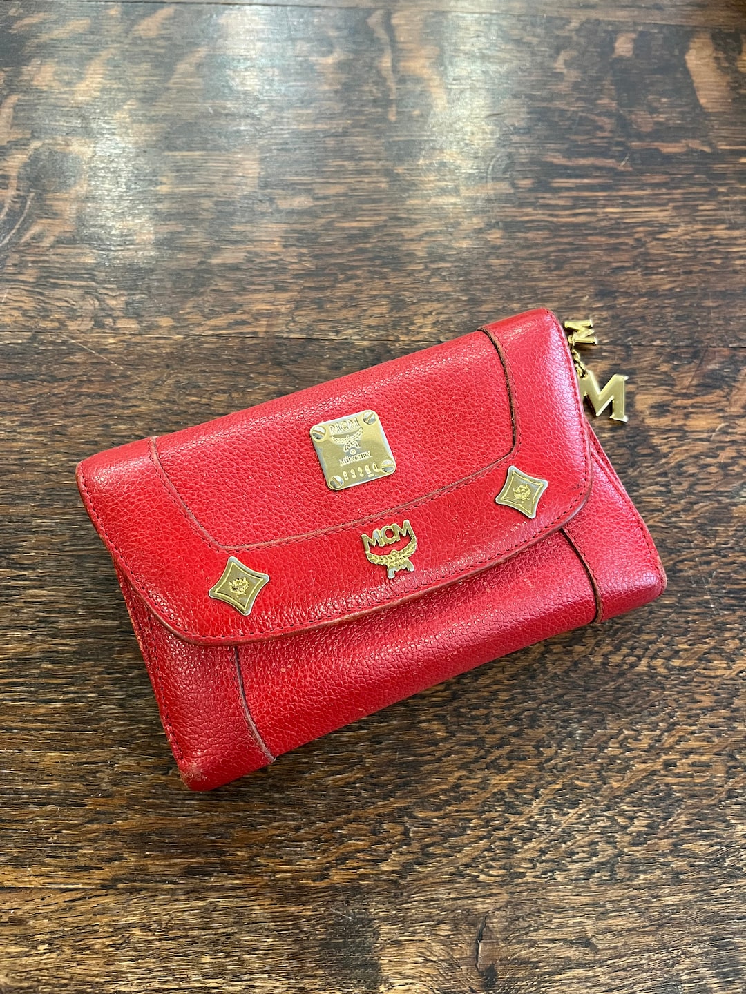 Authentic MCM Red Leather Studded Logo Motifs Medium Wallet Photo ID ...
