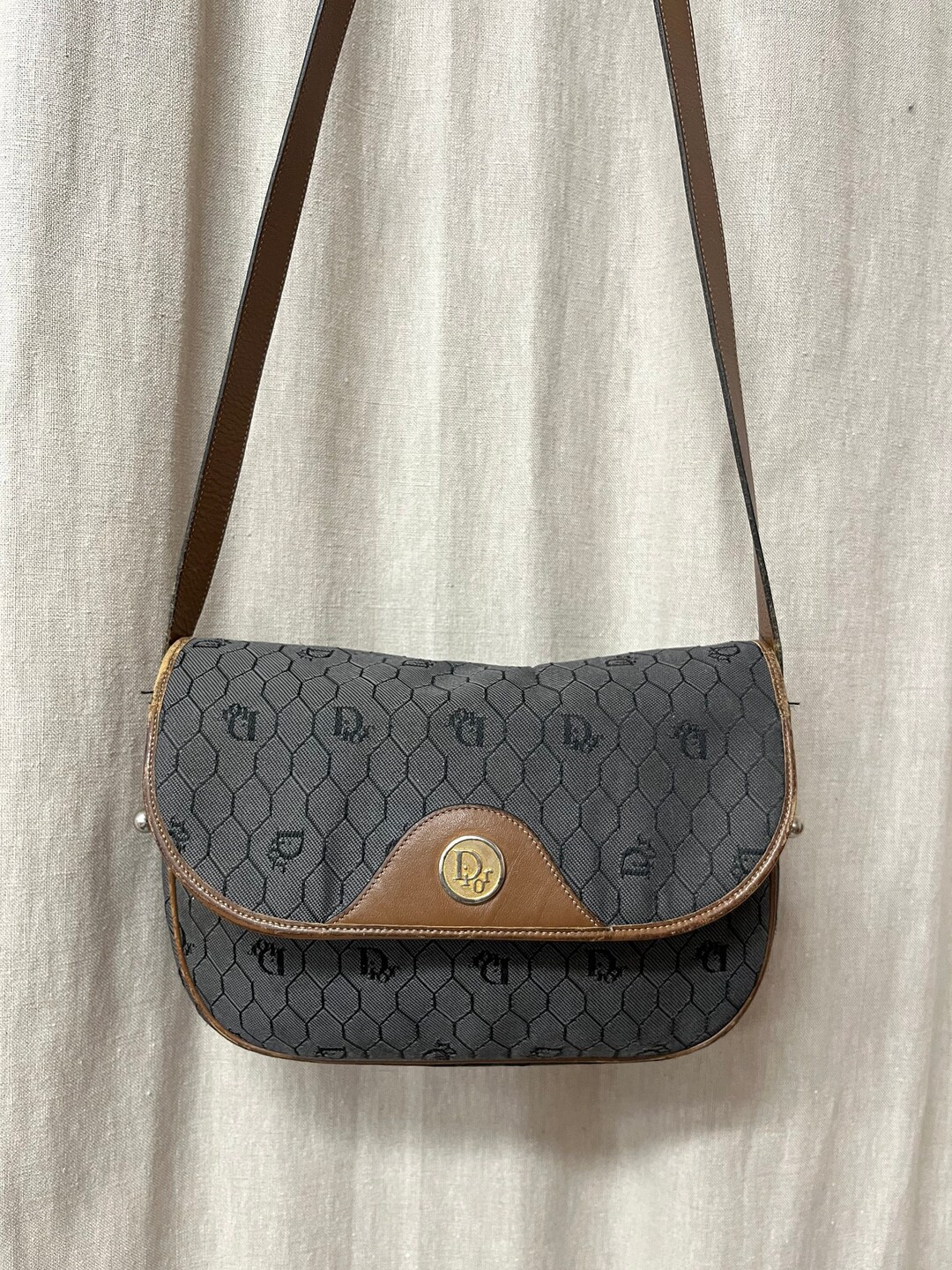 Vintage Christian Dior 80's Shoulder Purse Brown Honeycomb Print Black ...