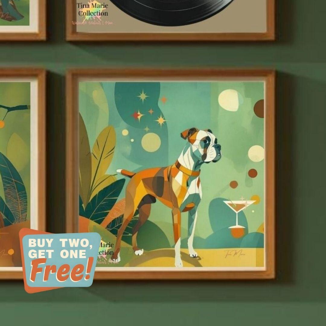 Boxer Dog Art Print: Mid-century Modern Decor | Retro Wall Art ...