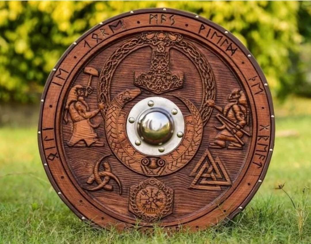 Viking Shield With Carved Norse Runic Ornaments Battleward Wooden ...