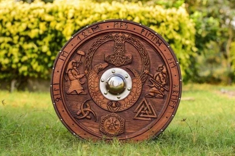 Viking Shield With Carved Norse Runic Ornaments Battleward Wooden ...