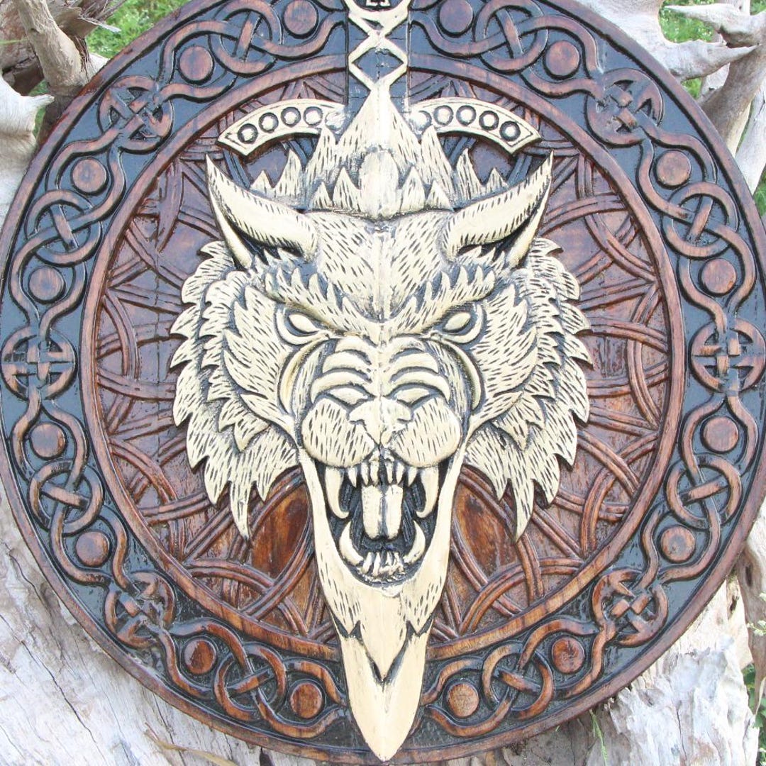 Viking Shield With Carved Norse Runic Ornaments Battleward Wooden ...