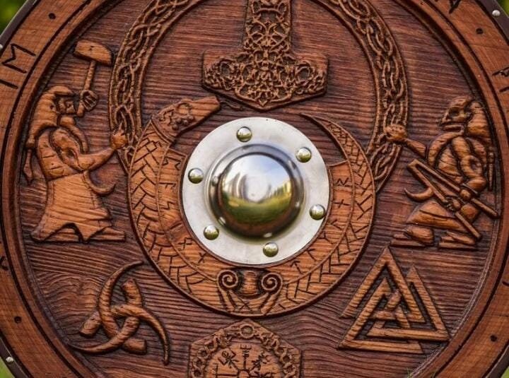 Viking Shield With Carved Norse Runic Ornaments Battleward Wooden ...
