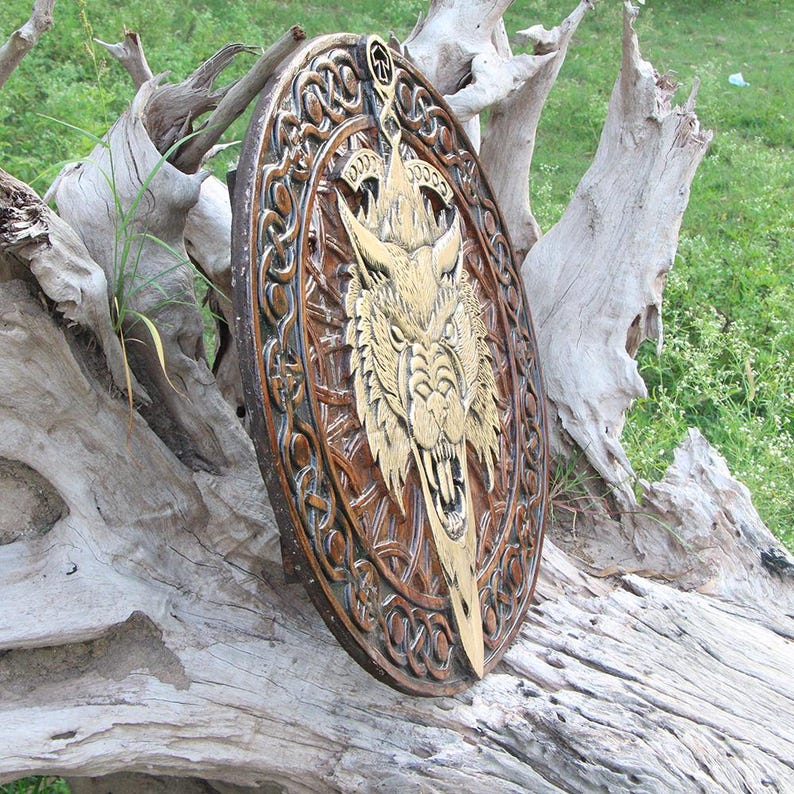 Viking Shield With Carved Norse Runic Ornaments Battleward Wooden ...