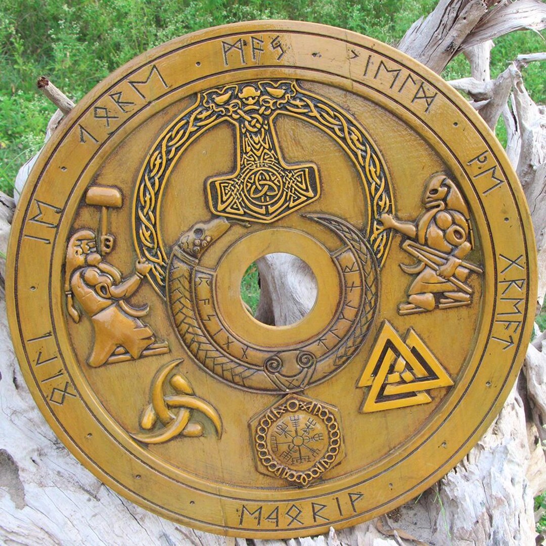 Viking Shield With Carved Norse Runic Ornaments Battleward Wooden ...