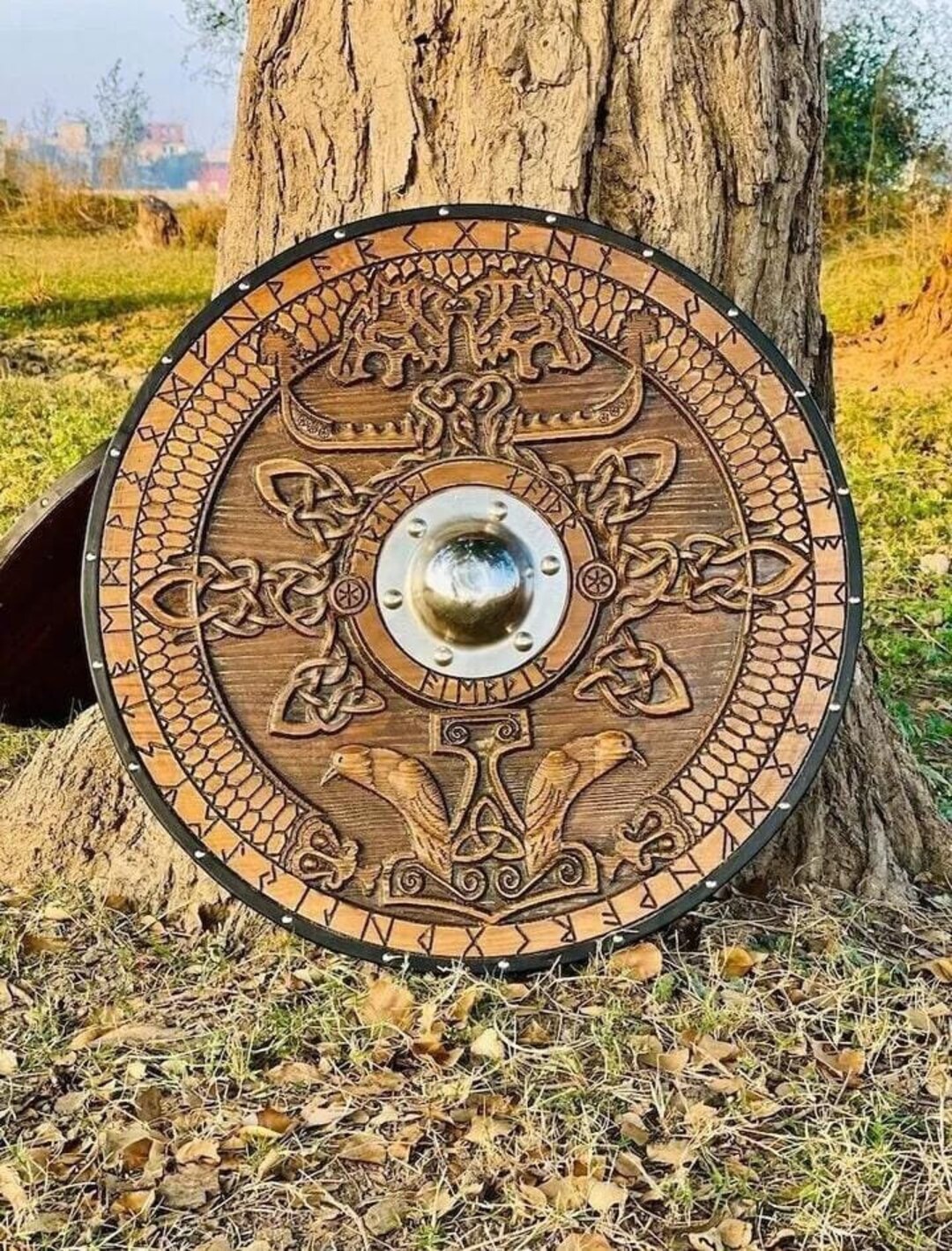 Viking Shield With Carved Norse Runic Ornaments Battleward Wooden ...