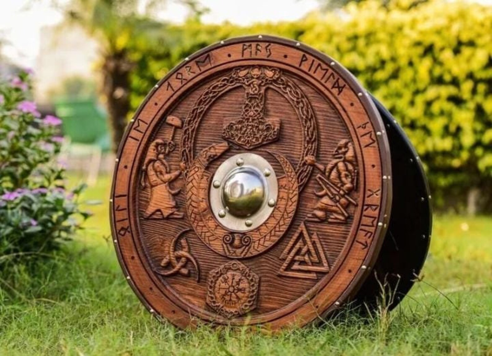 Viking Shield With Carved Norse Runic Ornaments Battleward Wooden ...