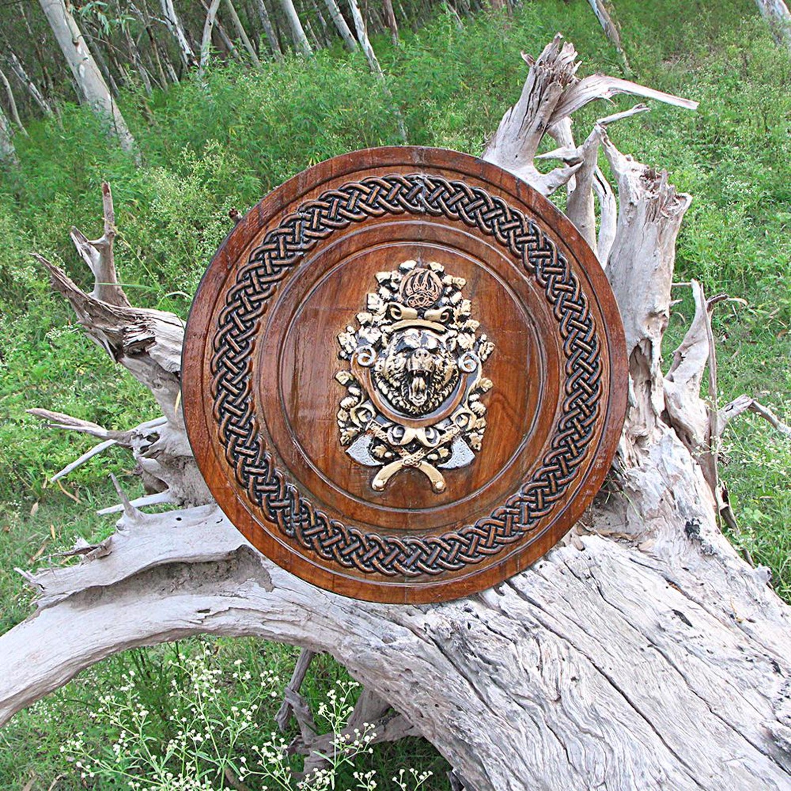 Viking Shield With Carved Norse Runic Ornaments Battleward Wooden ...