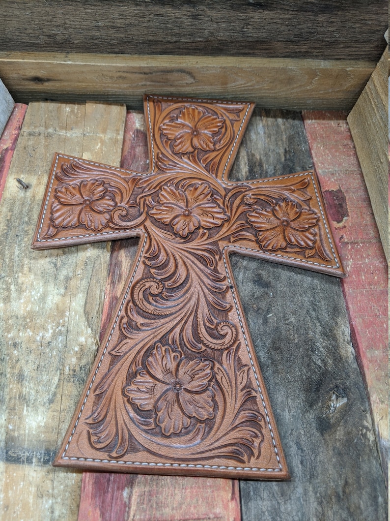 Floral Carved Leather Wall Hanging Cross - Etsy