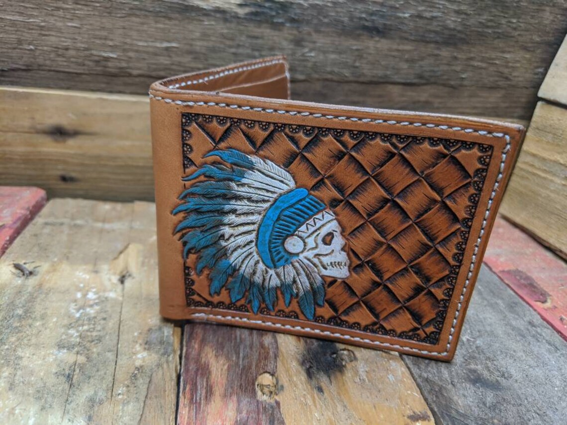 Hand Tooled Indian Head Painted Bifold Wallet All Leather Construction ...