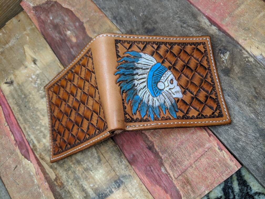 Hand Tooled Indian Head Painted Bifold Wallet All Leather Construction ...