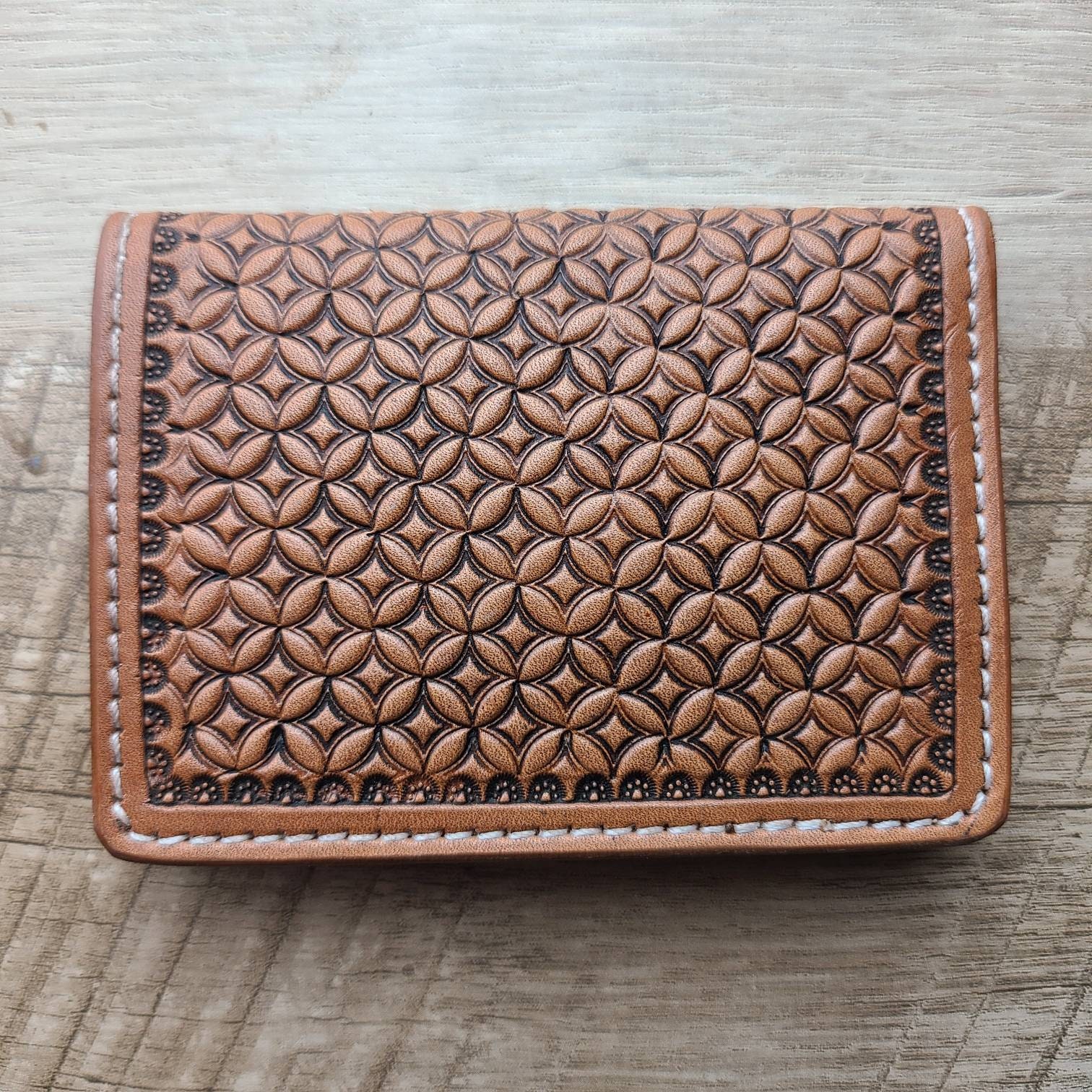 Slim Bi-fold Card Wallet With Floral and Geometric Tooling - Etsy