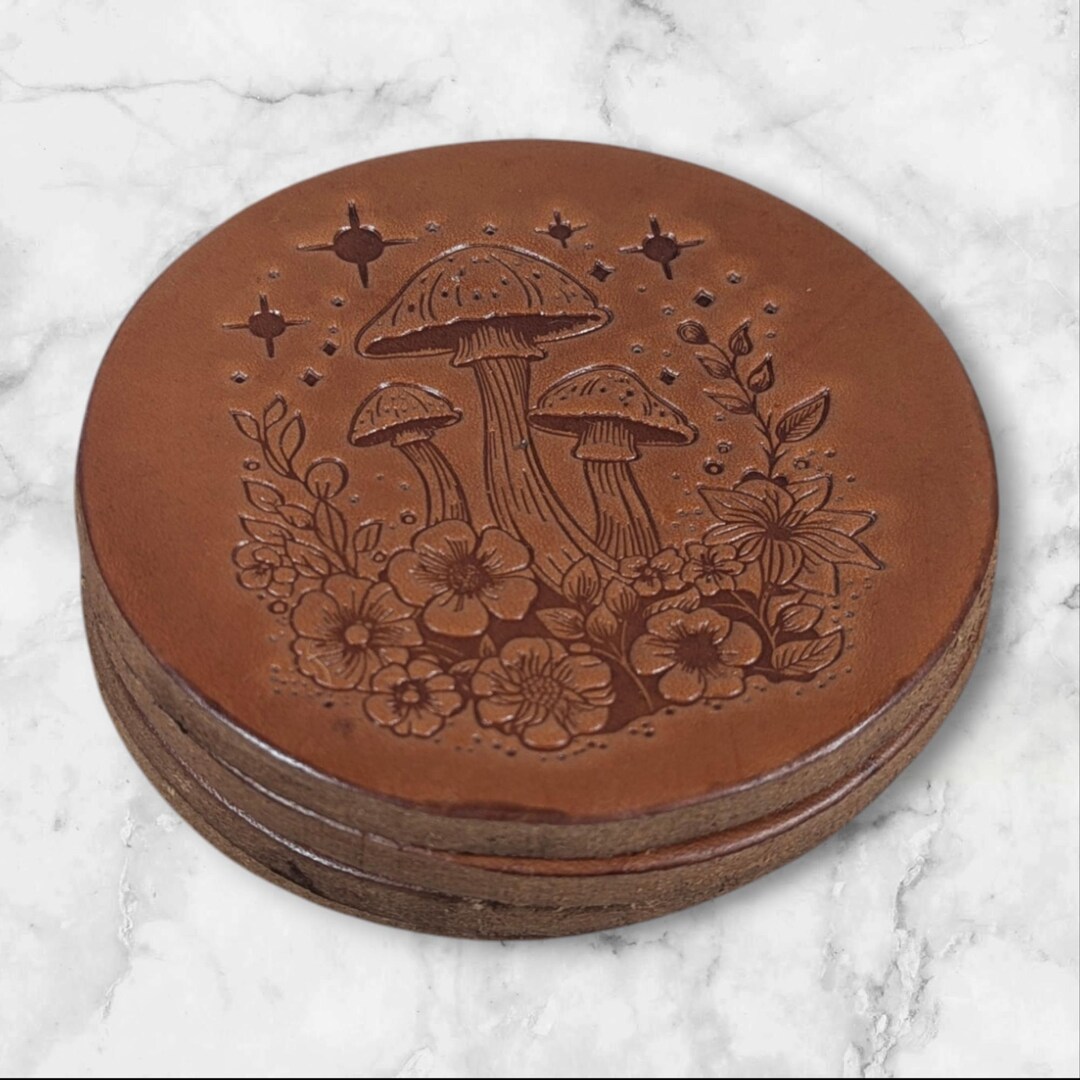 Psychedelic Mushroom and Flower Leather Coasters - Set of 4 Handmade ...