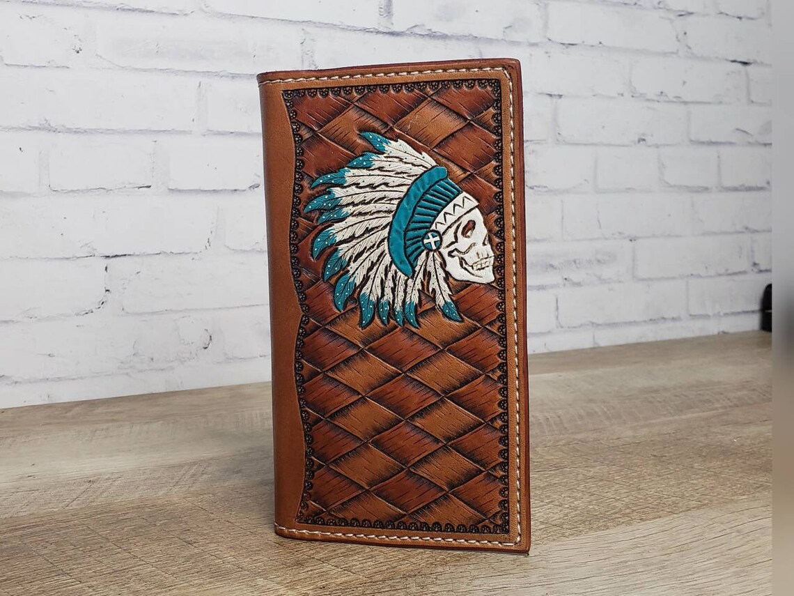 Tall Leather Roper Wallet With Weave Tooled Pattern and Turquoise Skull ...