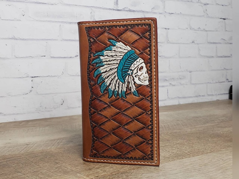 Tall Leather Roper Wallet With Weave Tooled Pattern and Turquoise Skull ...