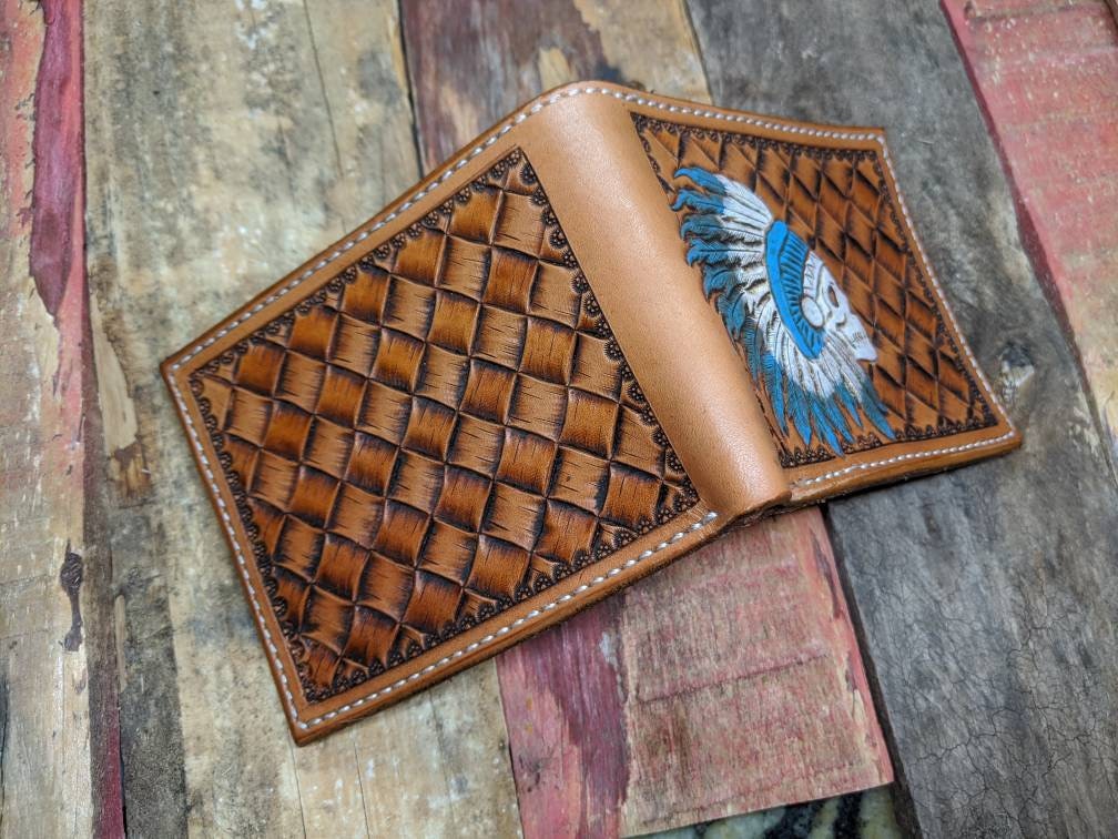 Hand Tooled Indian Head Painted Bifold Wallet All Leather Construction ...