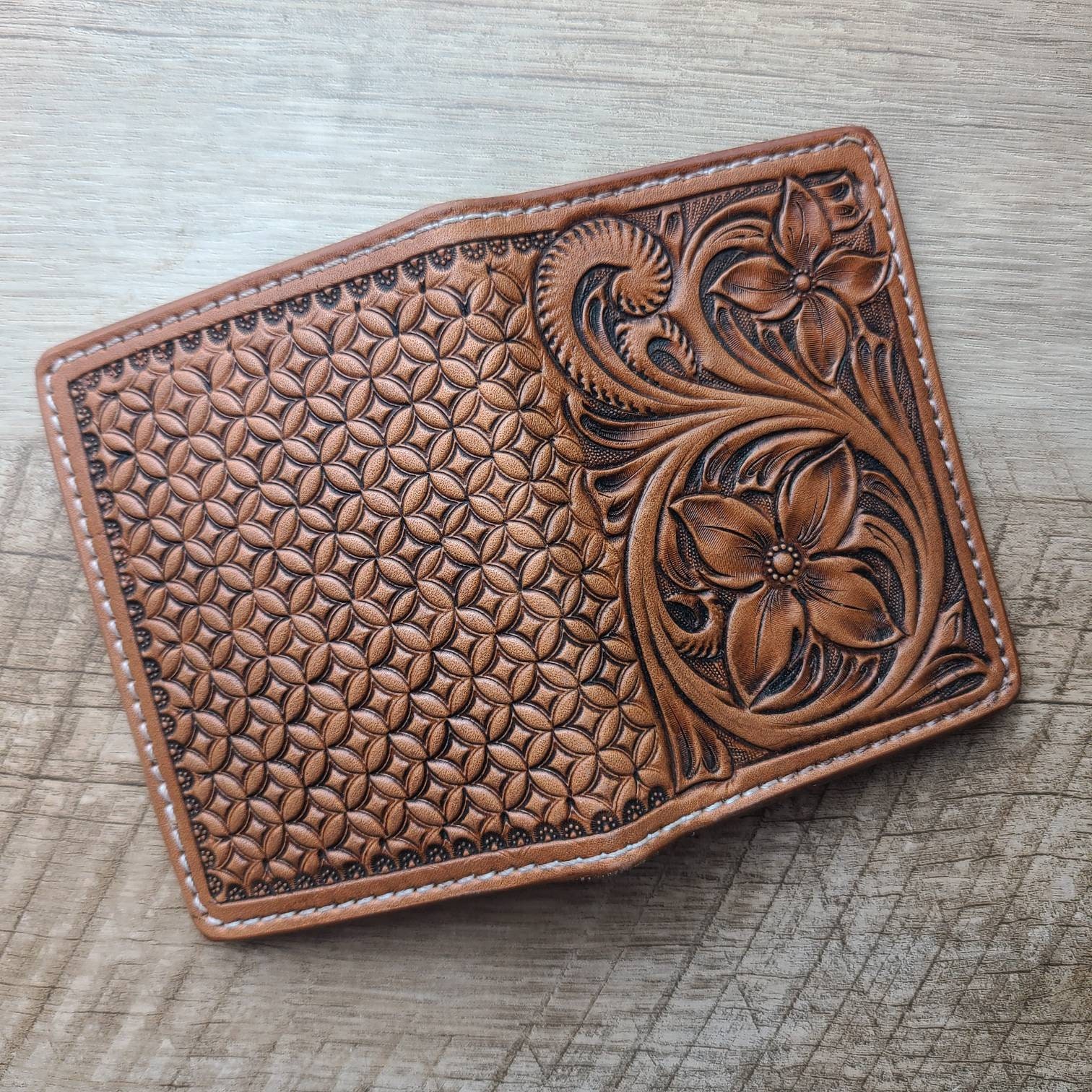 Slim Bi-fold Card Wallet With Floral and Geometric Tooling - Etsy