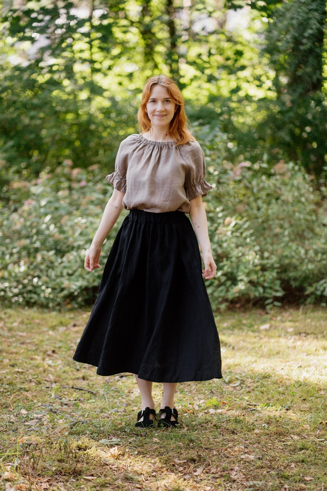 Emy Linen Top for Women, Gathered Boat Neckline With Ruffled Sleeves and Elastic Waist for All ...