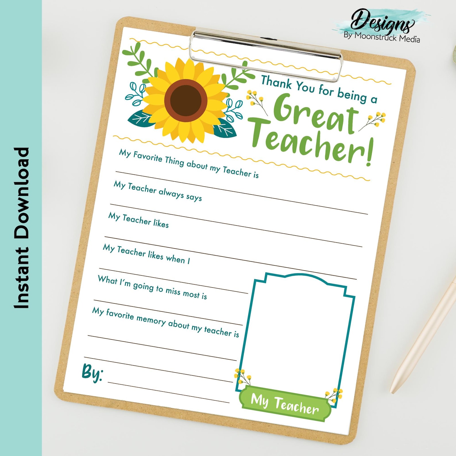 Thank You Teacher Fill-in Letter With Sunflower | Printable Teacher ...