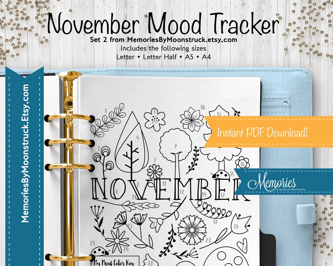 November Trees Flowers Nature Monthly Planner Template, Daily Mood ...