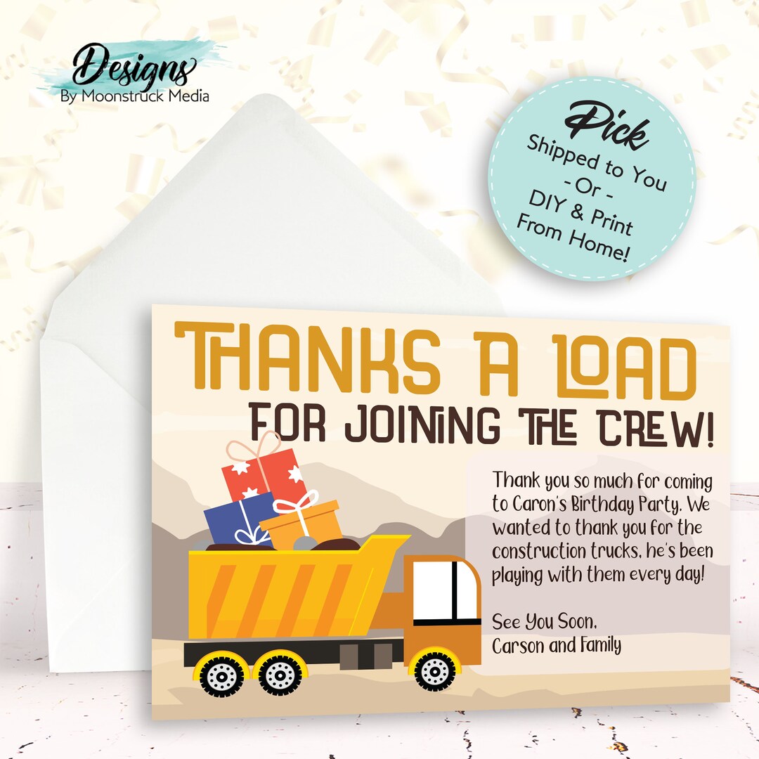Construction Birthday Thank You Card, Thanks a Load, Construction ...