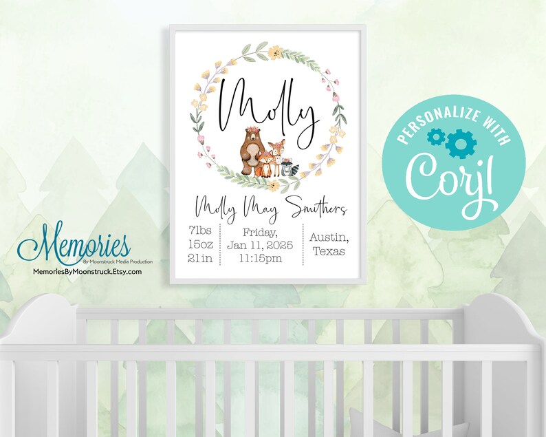 Floral Woodland Animals Birth Stats Sign | Etsy